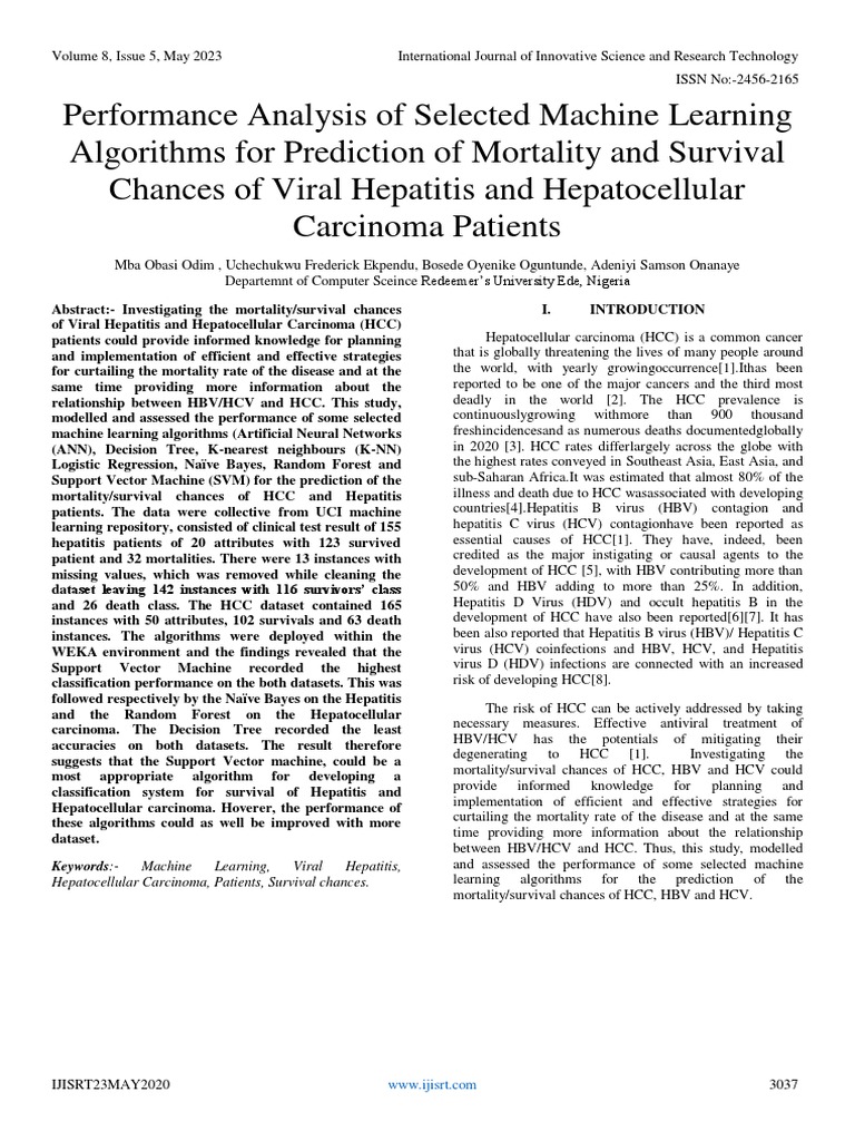 Performance Analysis Of Selected Machine Learning Algorithms For Prediction Of Mortality And