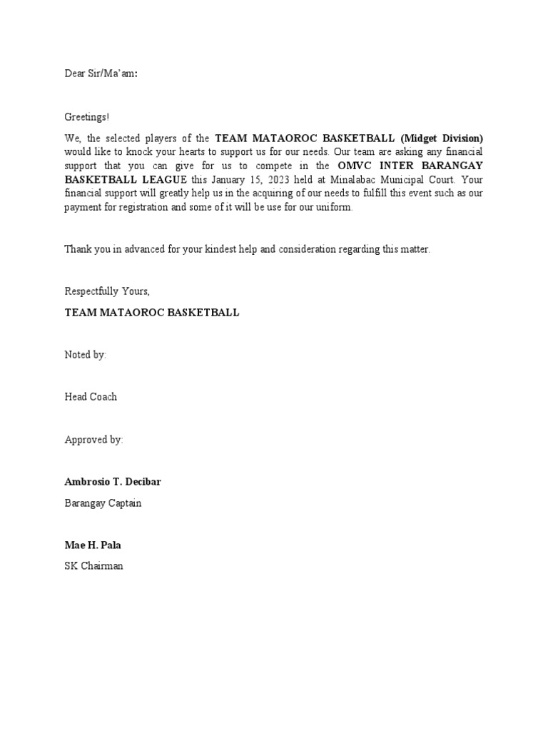 Solicitation for Team Mataoroc Basketball | PDF