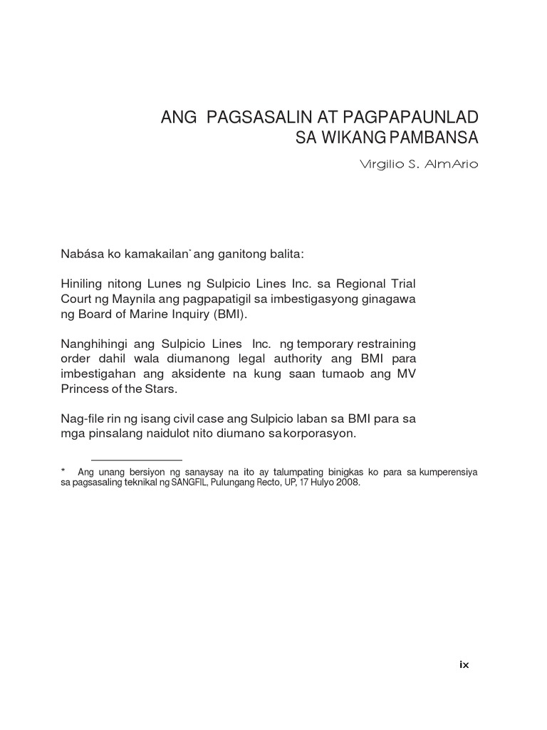 Ang Pagsasalin at Pagpapaunlad Sa Wikang Pambansa Ni Virgillo Almario | PDF