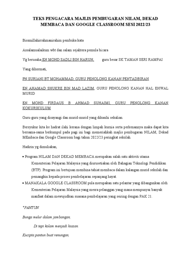 Teks Pengacara Majlis Nilam 2022 | PDF