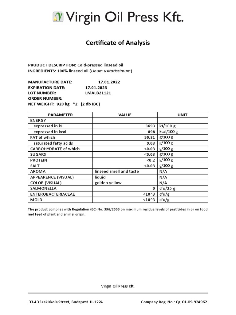 CoA Linseed Oil | PDF