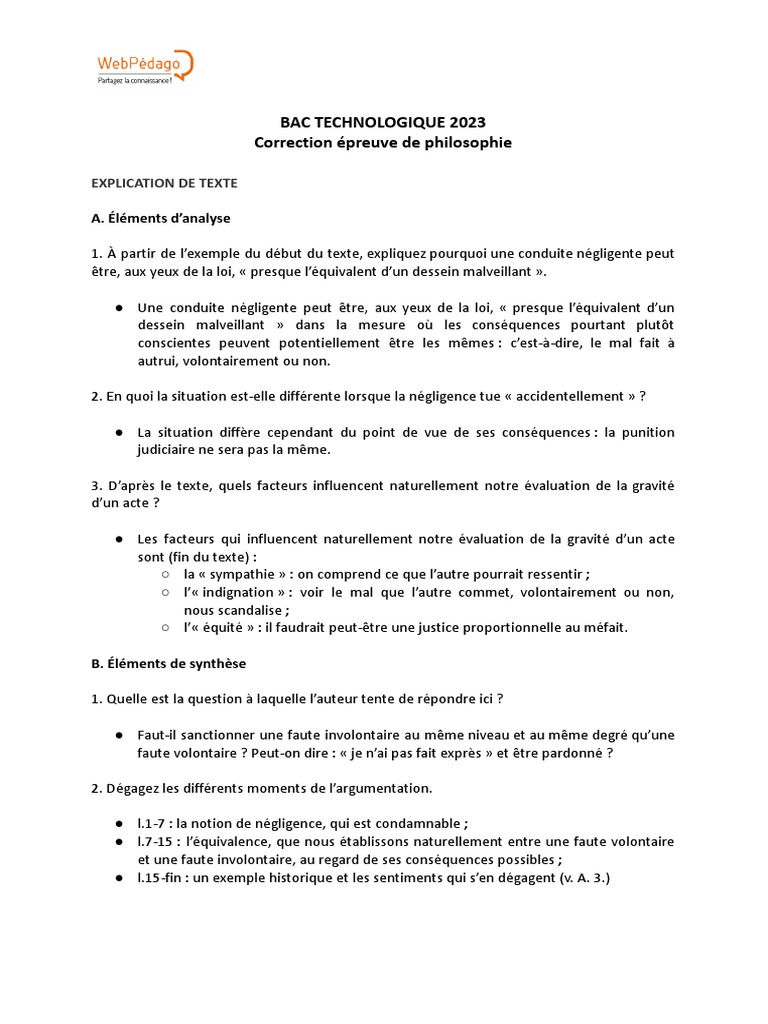 Correction Bac 2023 Philo Voie Techno - Explication Texte | PDF