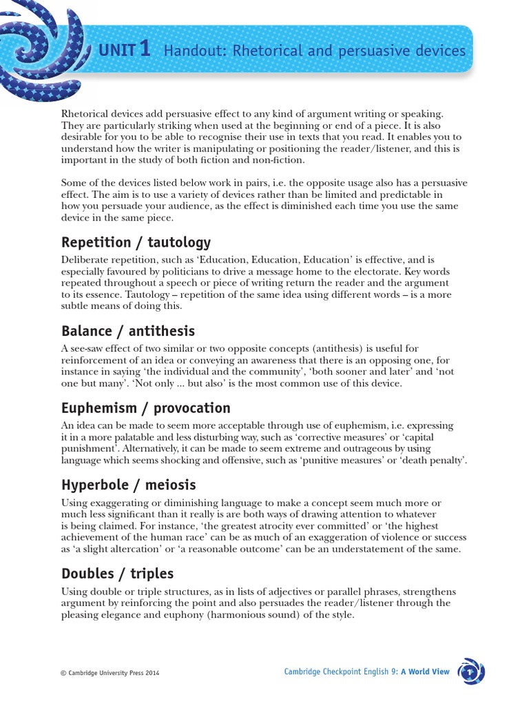 Handout: Rhetorical and Persuasive Devices: Repetition / Tautology | PDF