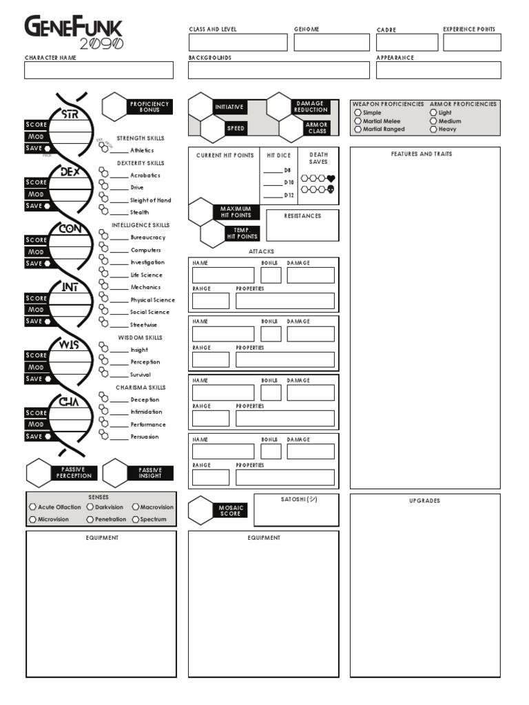 GeneFunk 2090 Character Sheet (v4) | PDF | Entertainment | Role Playing