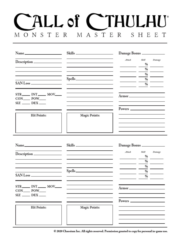CoC 7e - Malleus Monstrorum Monster Master Sheet v2 | PDF