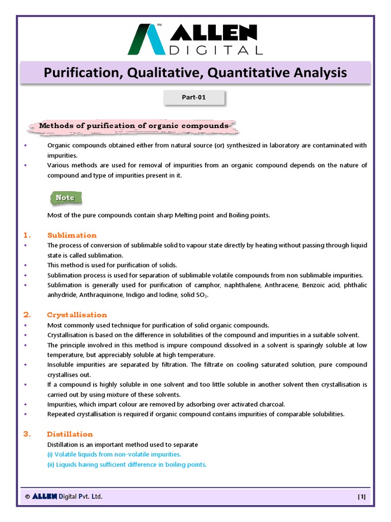 Purification, Qualitative, Quantitative Analysis All Sheet | PDF