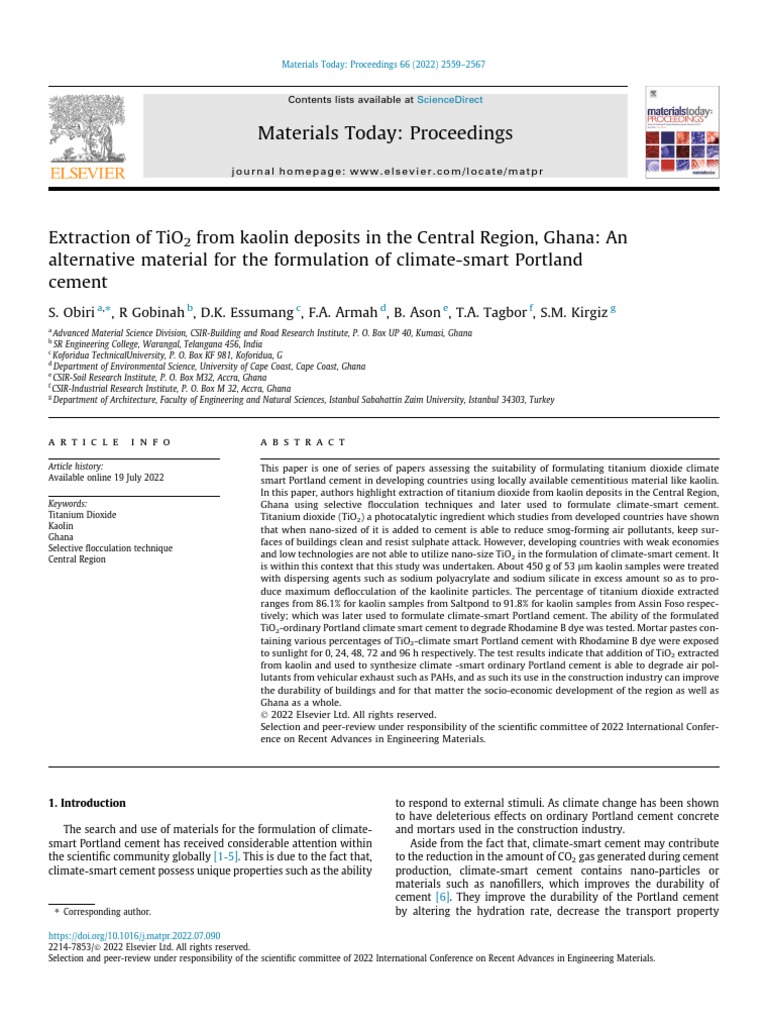 Extraction of TiO2 From Kaolin Deposits in The Central Regi - 2022 - Materials T | PDF