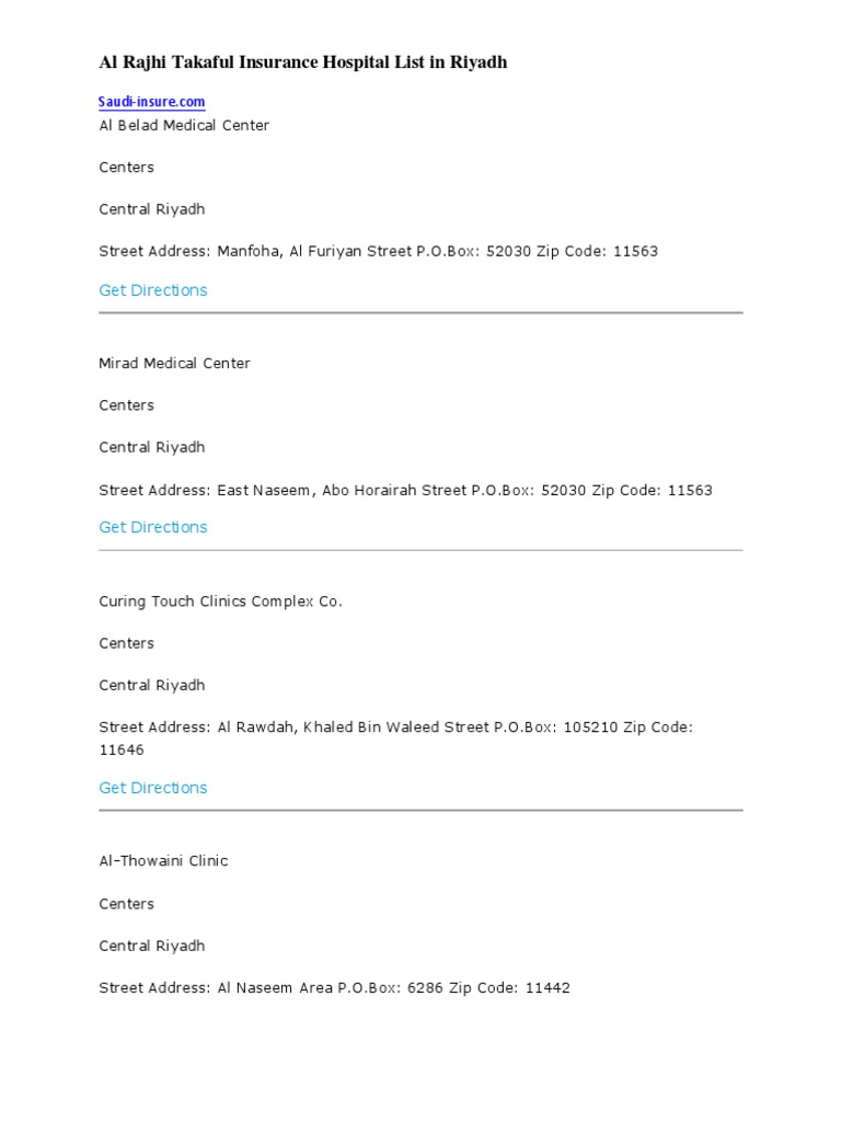 Al Rajhi Takaful Insurance Hospital List in Riyadh | PDF