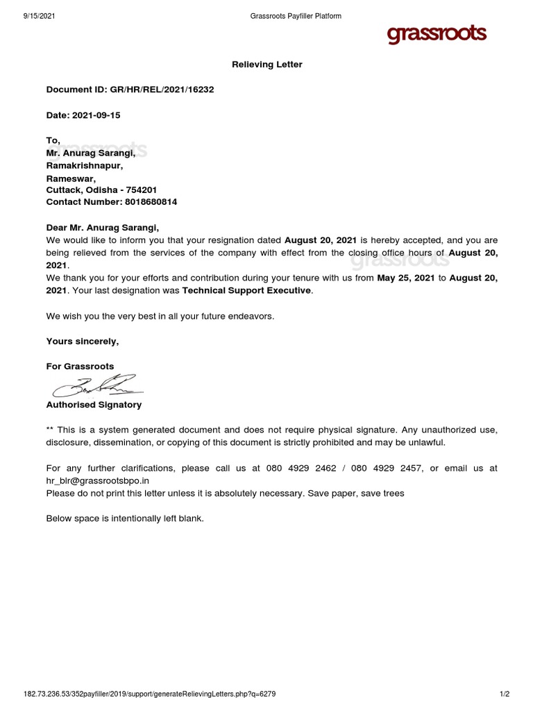Relieving Letter for Anurag Sarangi | PDF