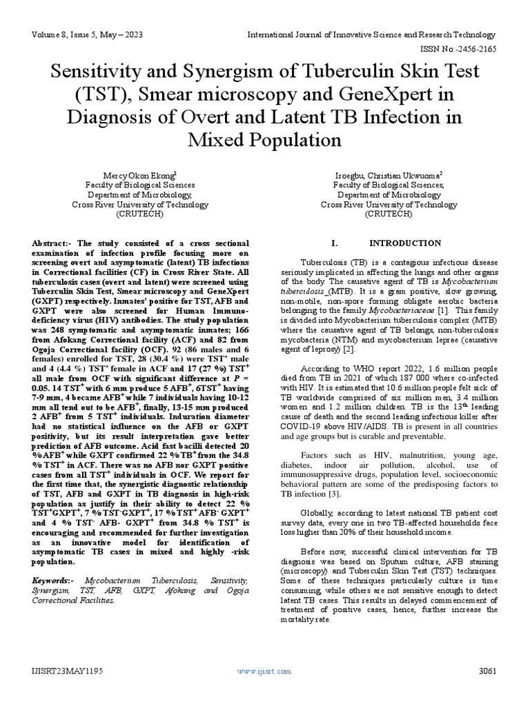 Sensitivity and Synergism of Tuberculin Skin Test (TST), Smear ...