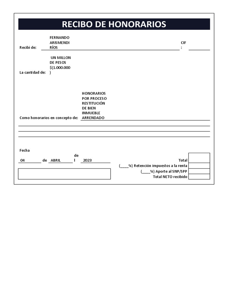 Recibo De Honorarios Formato Word 1 Pdf