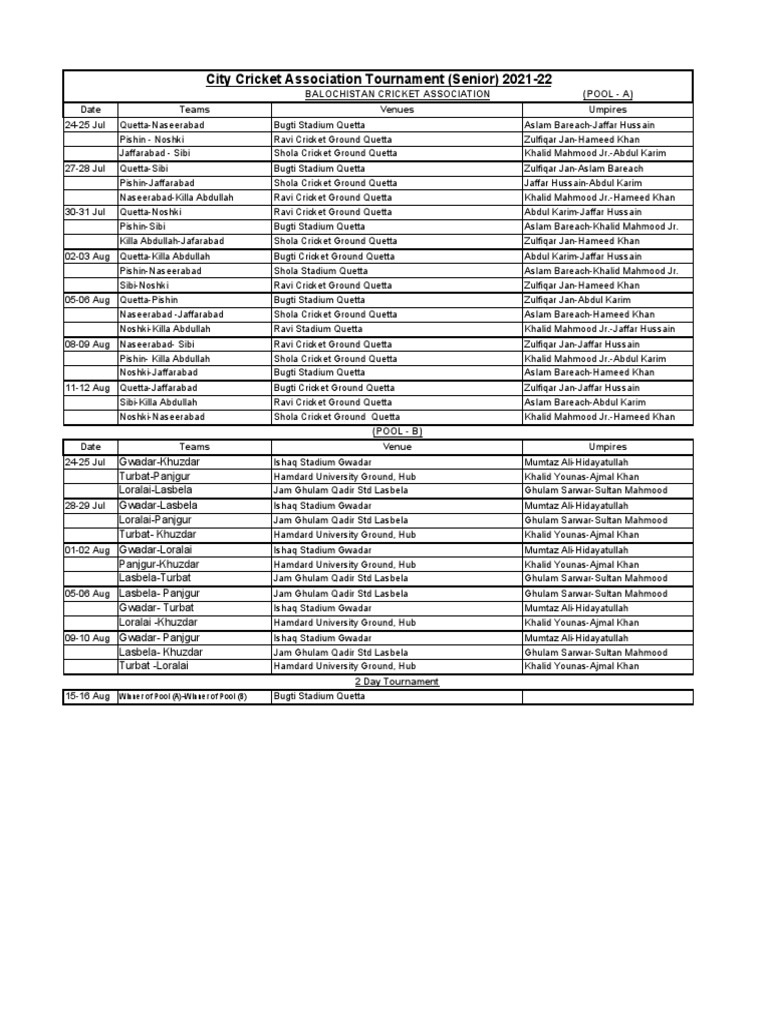 CCA Senior Tournament 2021-22 Schedule Updated | PDF