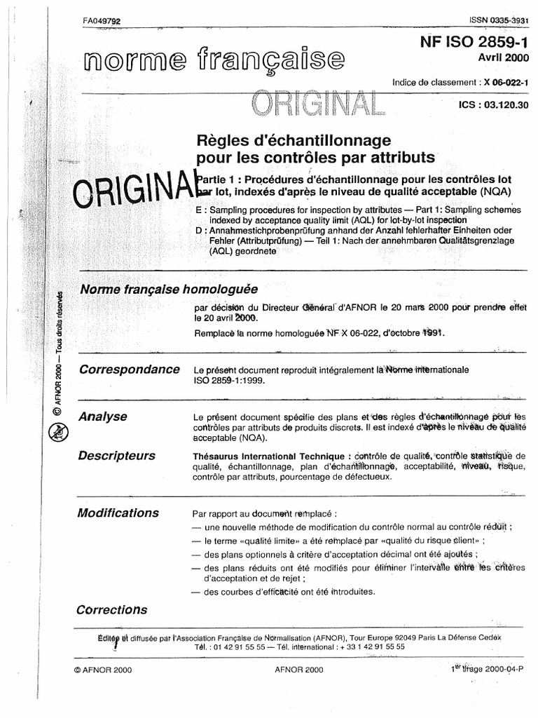 2859-1 (1999) NF Iso (Partie1) 1 | PDF 2859-1 (1999) NF Iso (Partie1) 1 | PDF