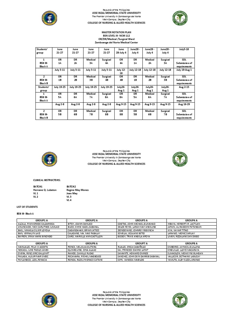 Master Rotation Plan BSN III | PDF Master Rotation Plan BSN III | PDF