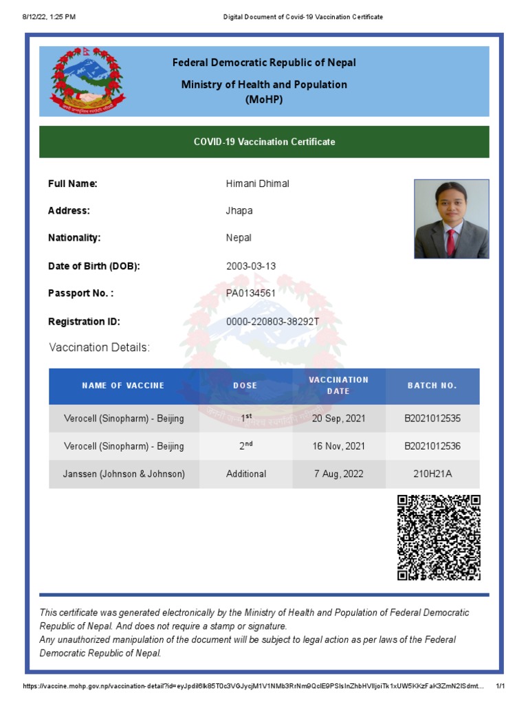 Himani Dhimal Covid-19 Vaccination Certificate | PDF
