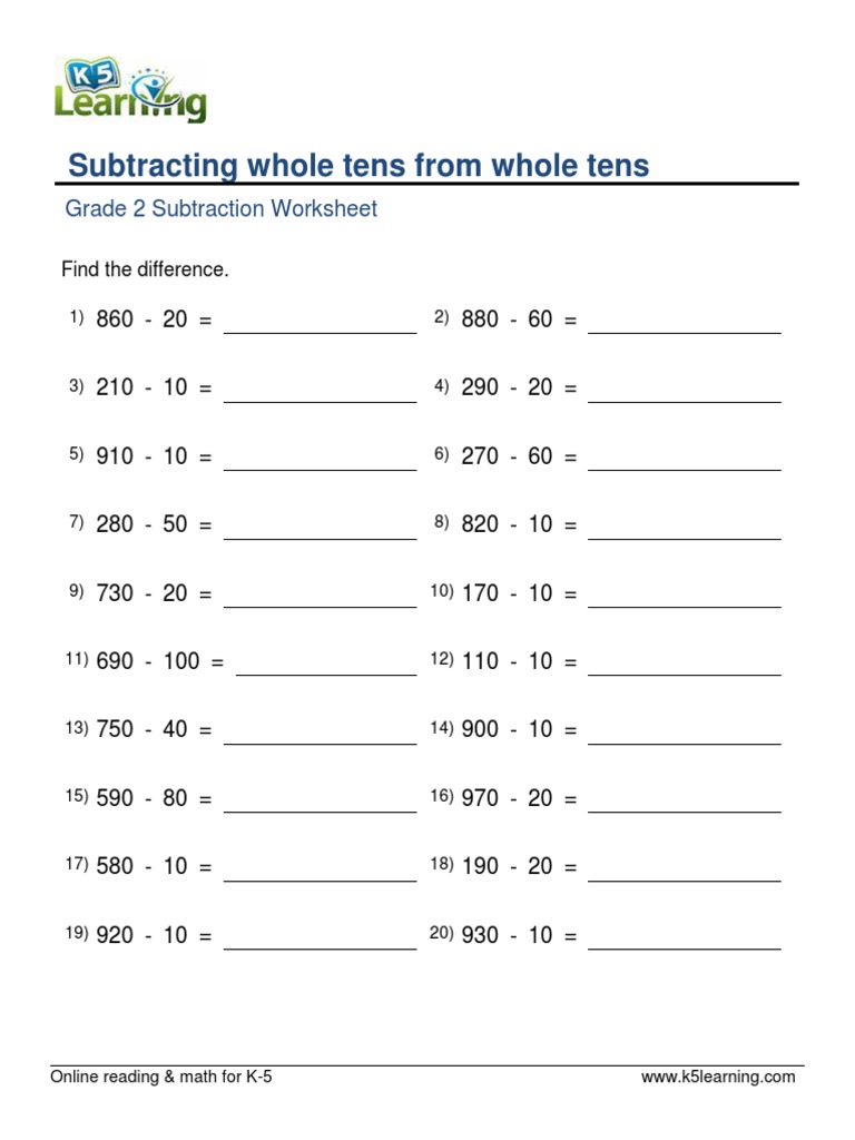 Grade 2 Subtract Whole Tens From Whole Tens A | PDF | Computers