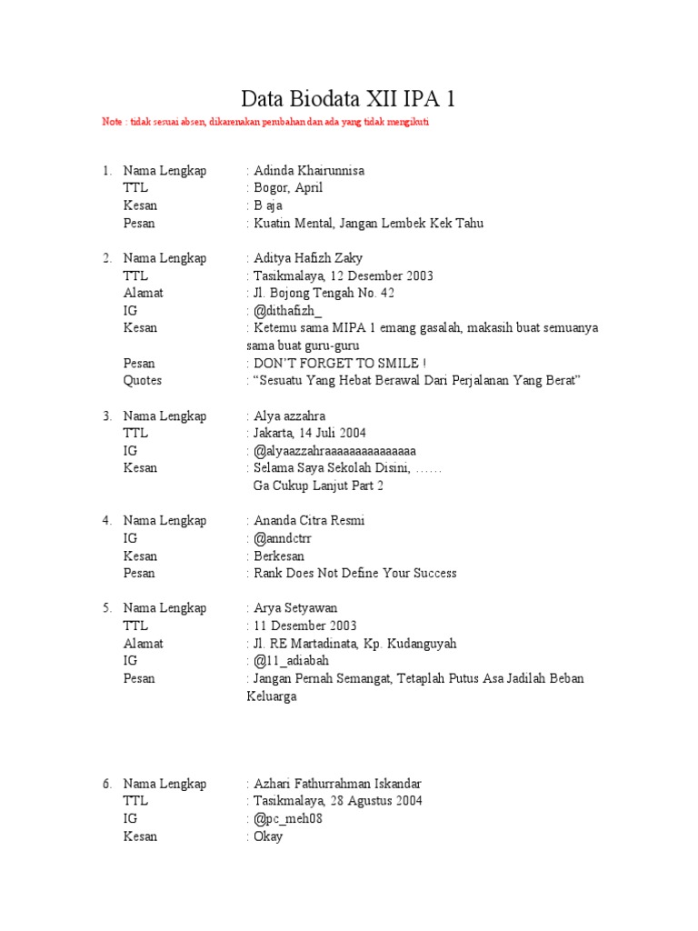 Biodata Siswa XII IPA 1 Tasikmalaya | PDF