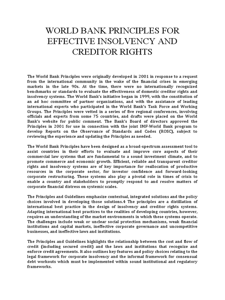 World Bank Principles For Effective Insolvency and Creditor Rights | PDF | Bankruptcy | Credit