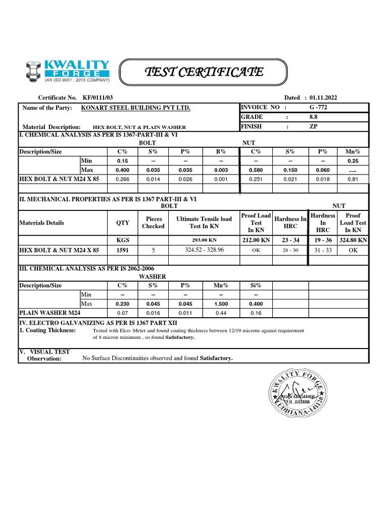 Test Certificate: Hex Bolt, Nut & Plain Washer | PDF | Screw | Civil ...