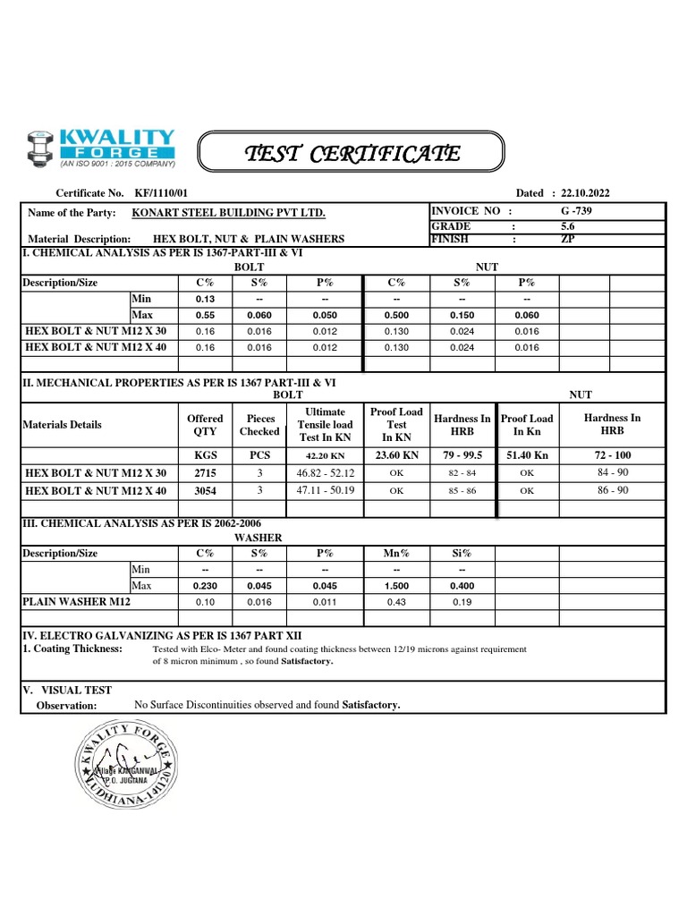 Test Certificate | PDF | Screw | Materials Science