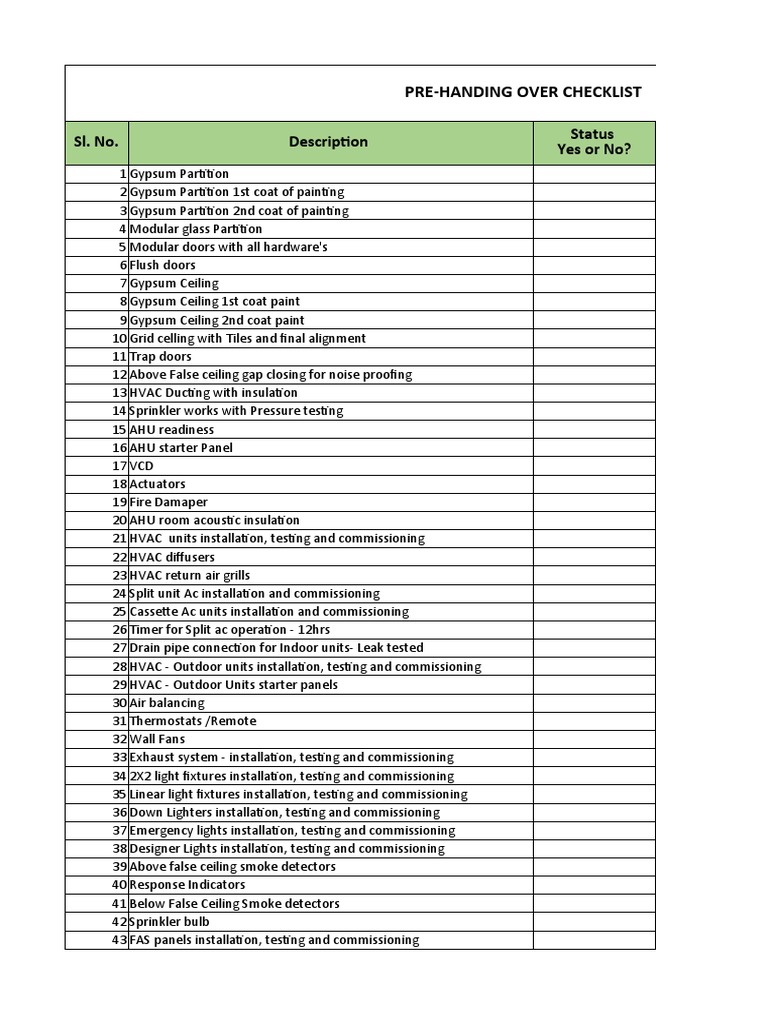 7.14 - Pre-Handing Over Checklist - Sample Format | PDF | Ceiling ...