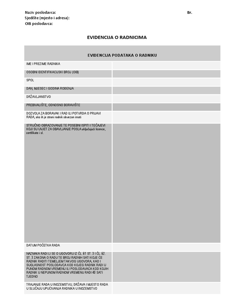 Obrazac Evidencije o Radnicima | PDF