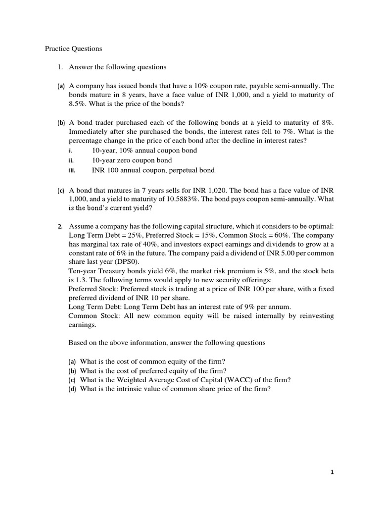 Practice Questions Pdf Bonds Finance Cost Of Capital