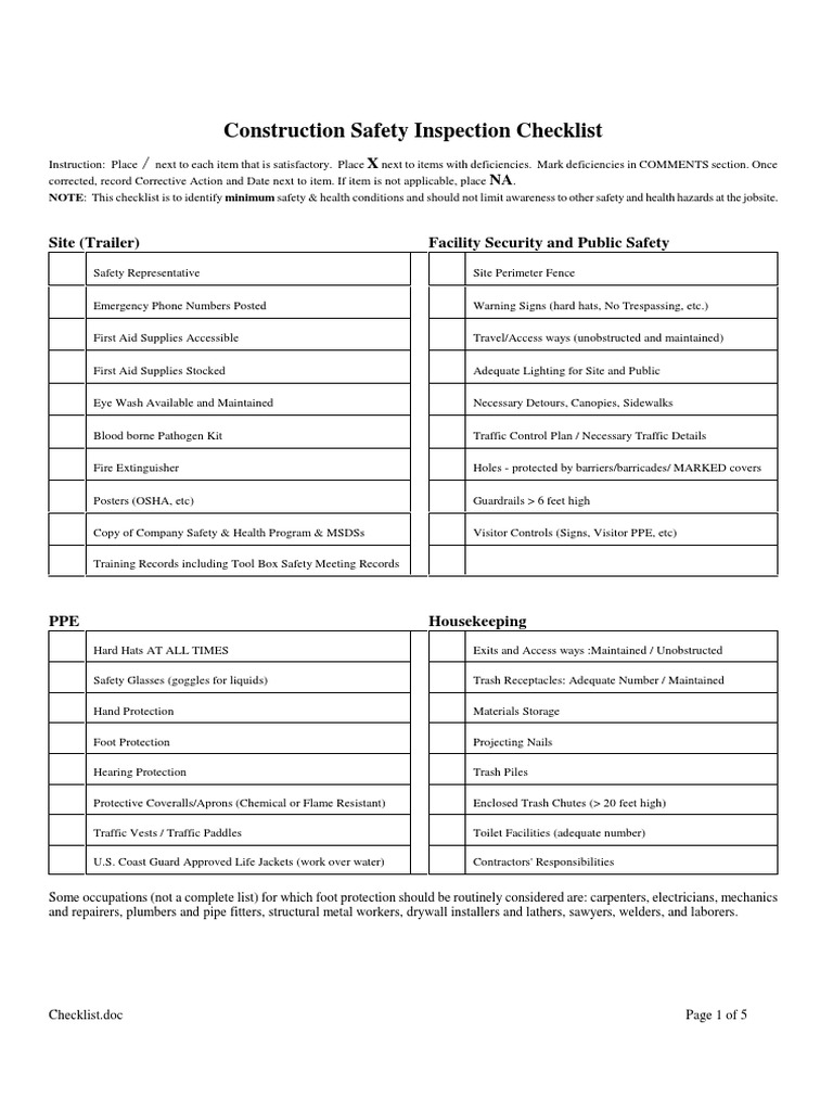 Construction Safety Inspection Checklist | PDF