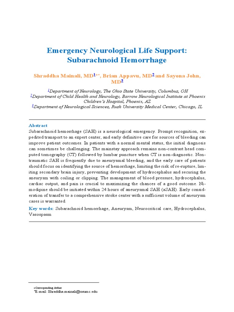 Emergency Neurological Life Support: Subarachnoid Hemorrhage | PDF