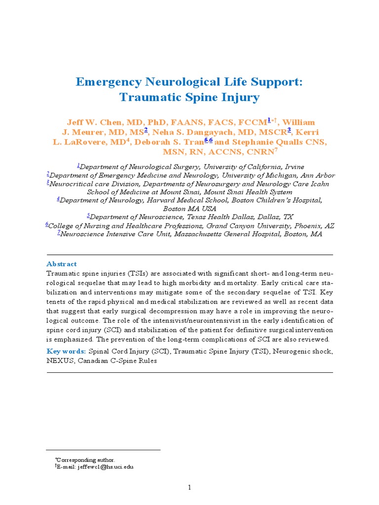Emergency Neurological Life Support: Traumatic Spine Injury | PDF