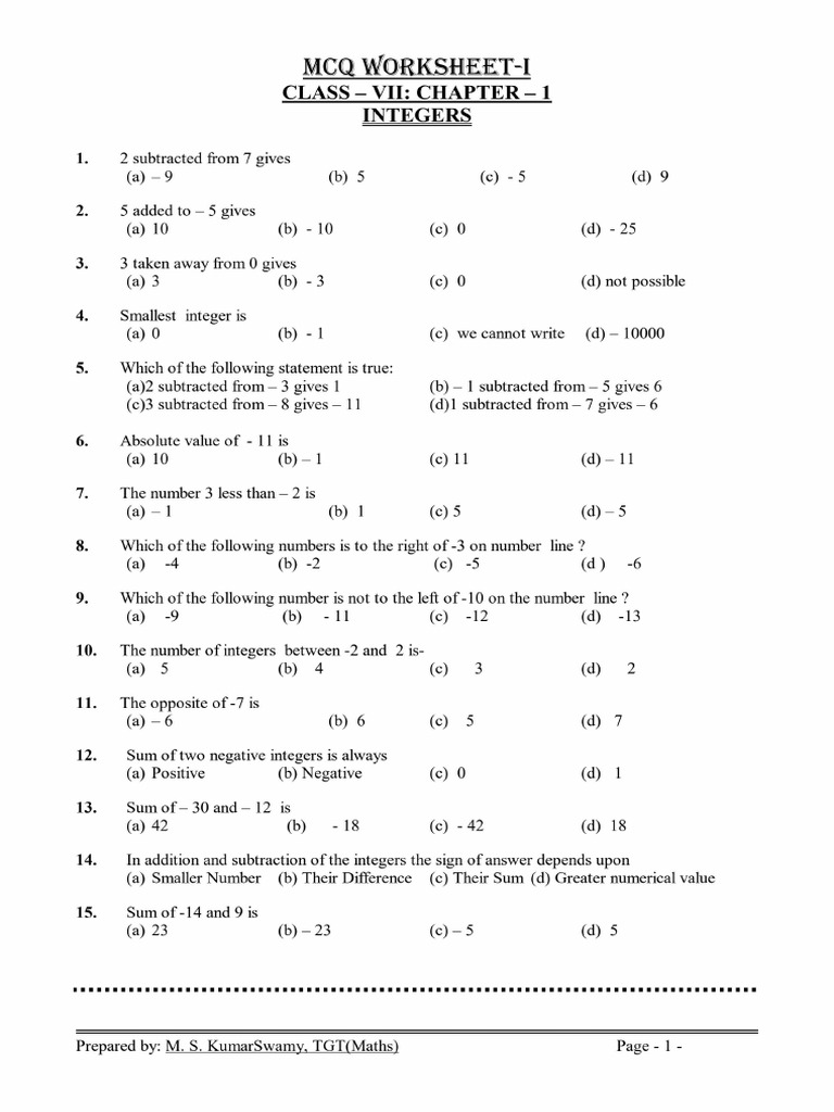 Integers Worksheet-1 | PDF