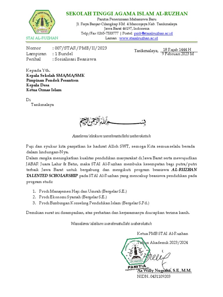 Beasiswa STAI Al-Ruzhan 2023 | PDF