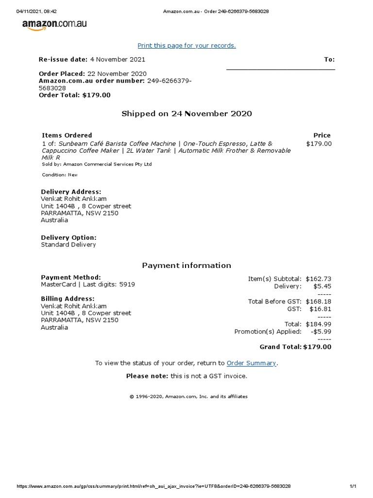 Sunbeam Coffee Machine Invoice | PDF