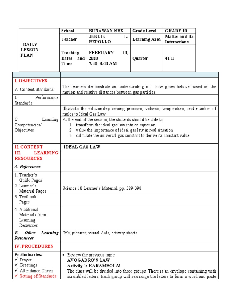 Daily Lesson Plan | PDF | Gases | Cognition