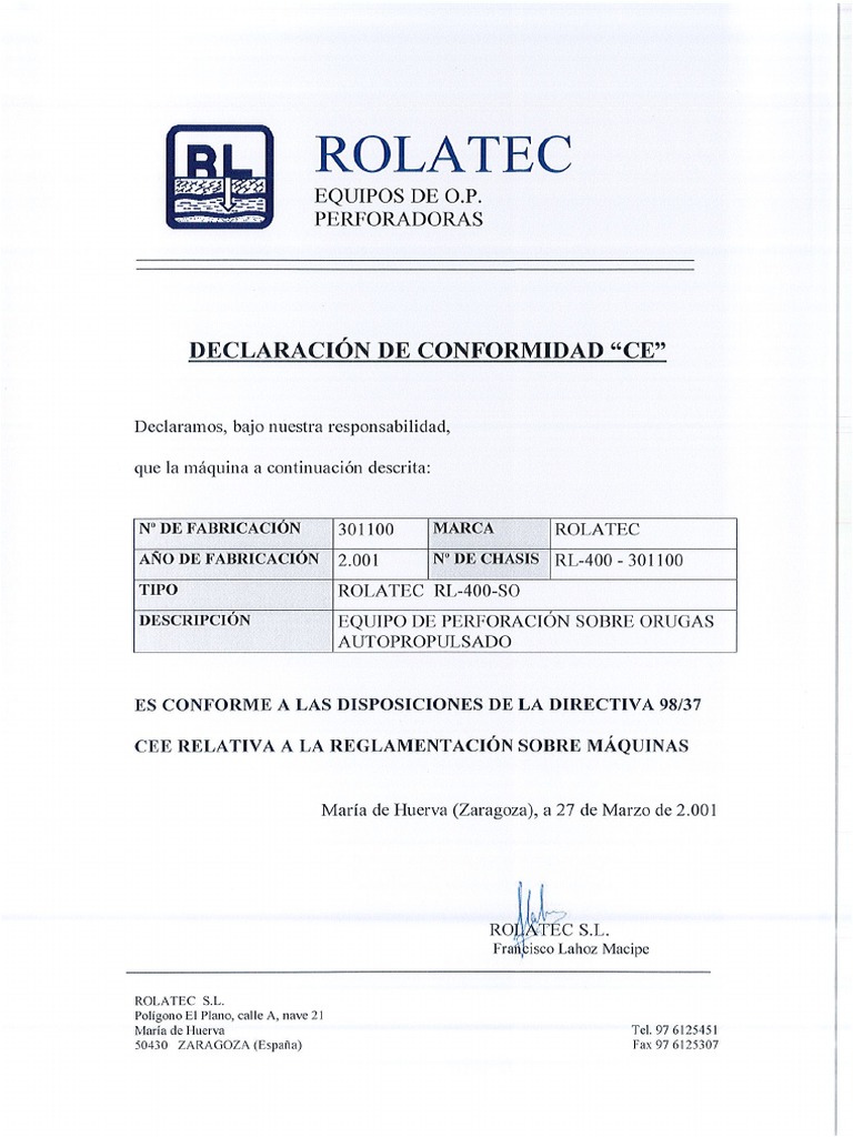 Skn.023.2.Declaración Conformidad Ce Rolatec Rl 400 | PDF