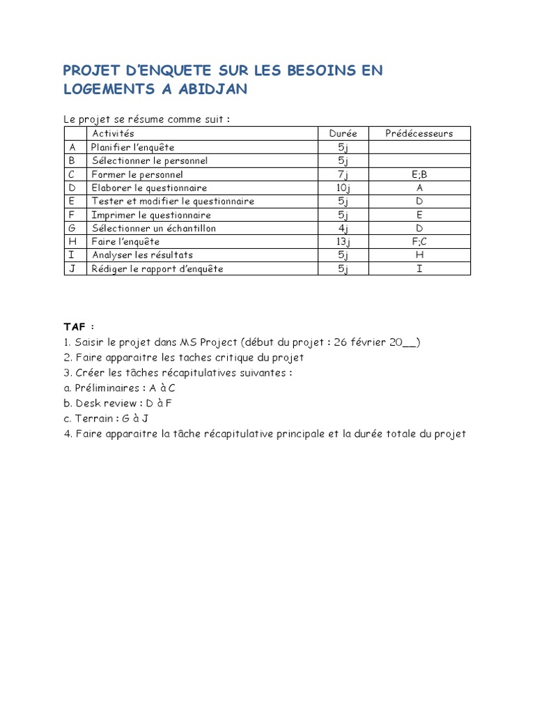 Projet Enquete Abidjan - MS PROJECT | PDF