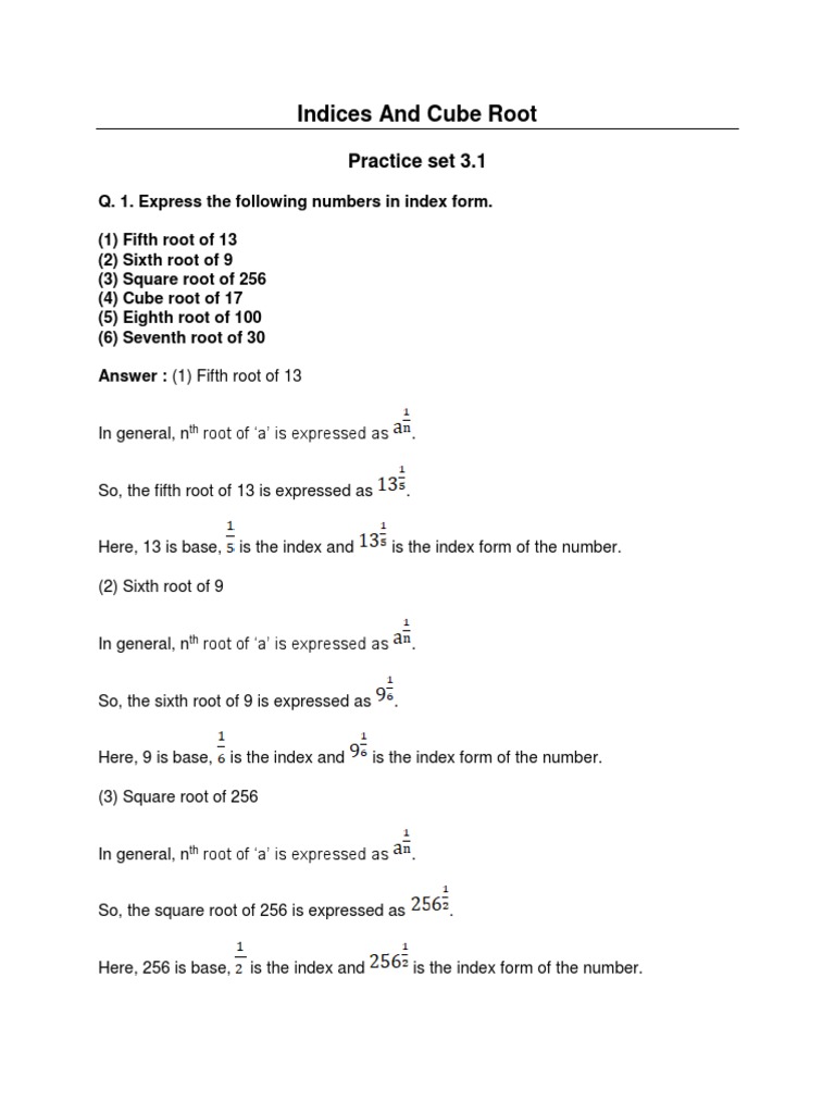 Indices and Cube Root: Practice Set 3.1 | PDF | Mathematics ...