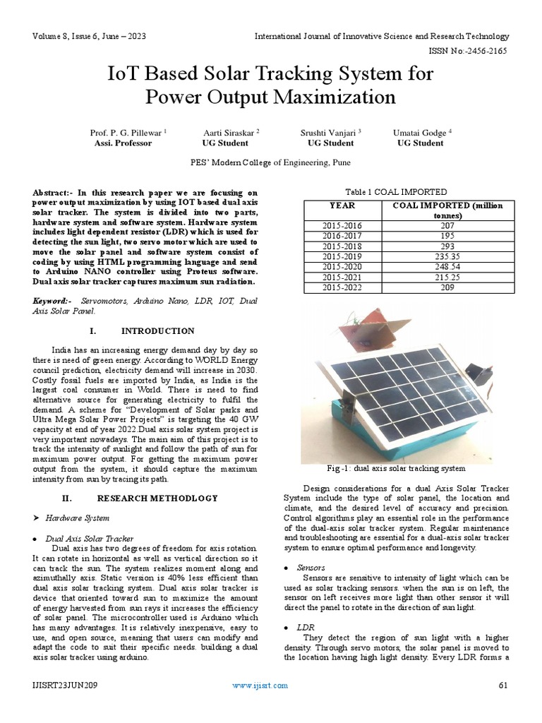 IoT Based Solar Tracking System For Power Output Maximization | PDF