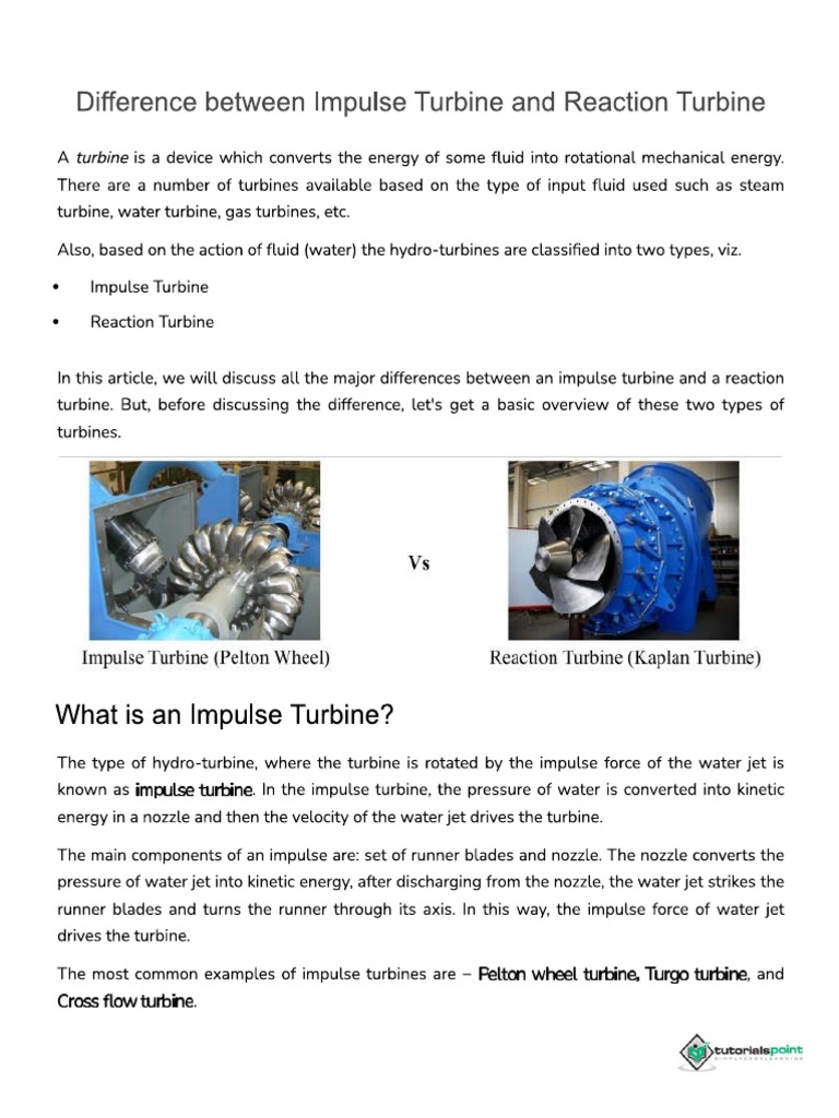 Difference Between Impulse Turbine and Reaction Turbine | PDF