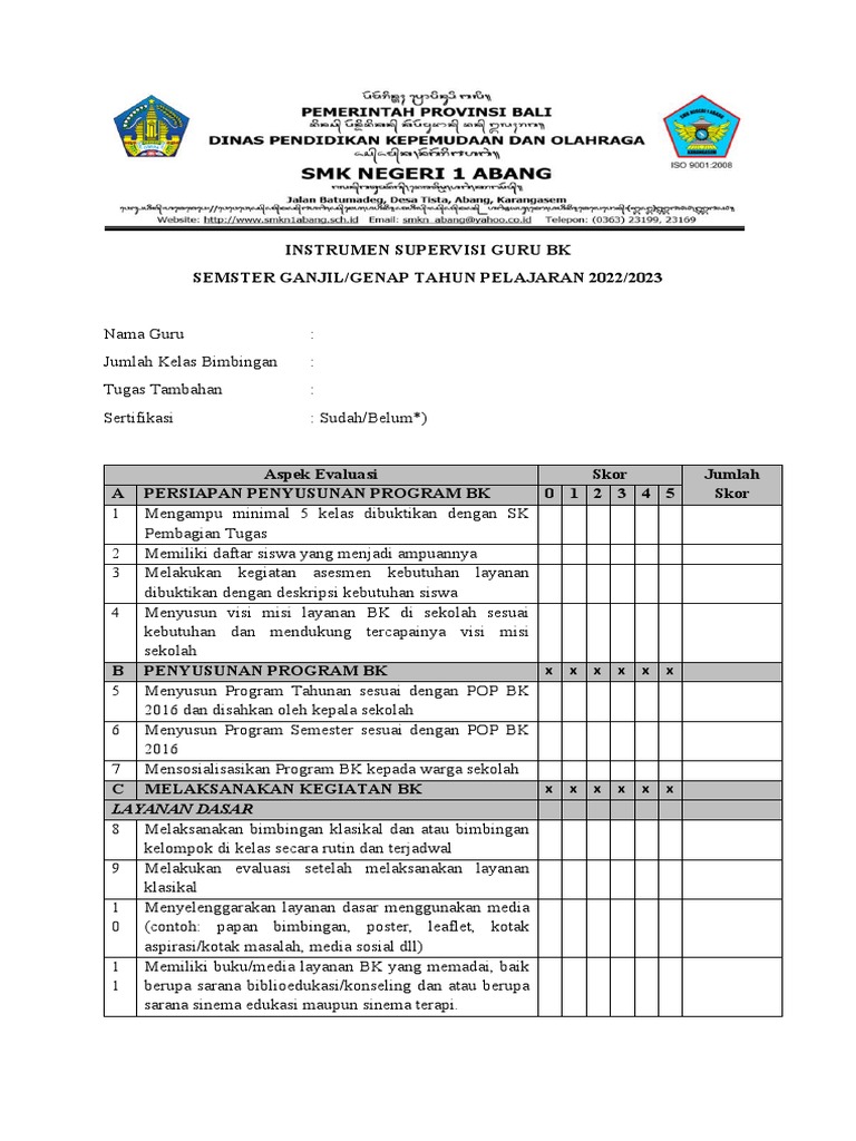 Instrumen Supervisi Guru BK | PDF