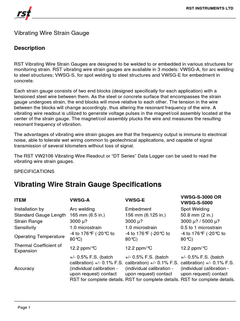 RST Vibrating Wire Strain Gauge Models | PDF | Construction | Welding
