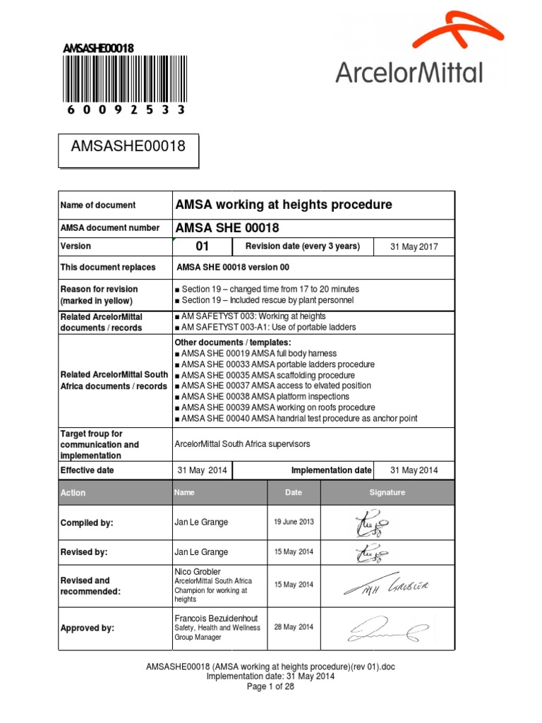 AMSASHE00018 (AMSA working at heights procedure)(rev 01) | PDF | Risk ...