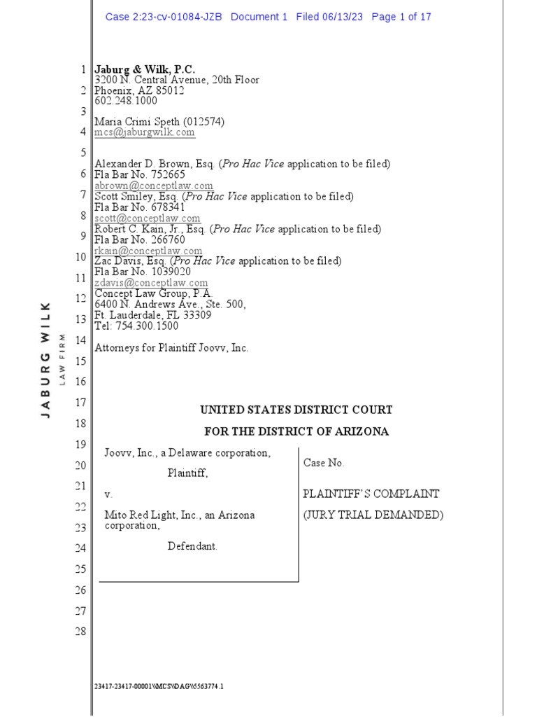 Joovv v. Mito Red Light - Complaint | PDF | Patent Infringement | Patent