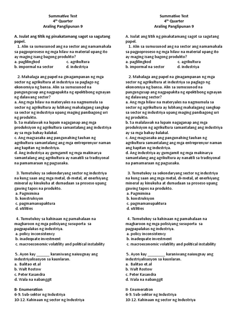 Sektor ng Industriya at Agrikultura Test | PDF