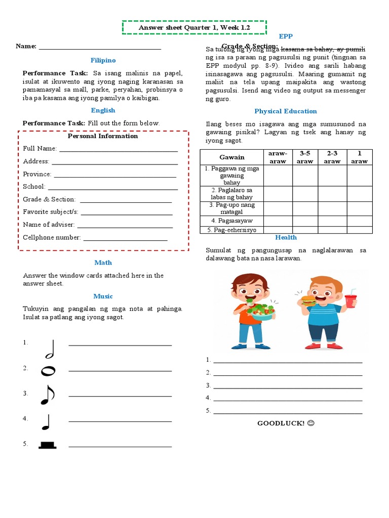 Answer Sheet Quarter 1 Week 1 2 Pdf