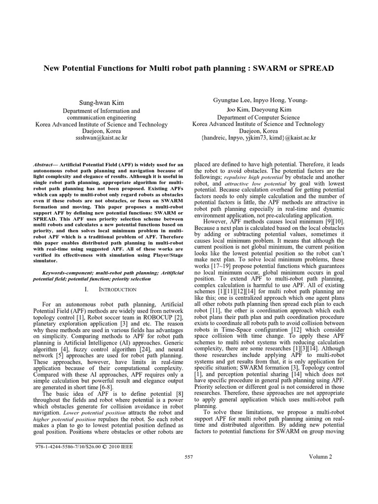 New Potential Functions For Multi Robot Path Planning Swarm Or Spread Pdf Artificial 