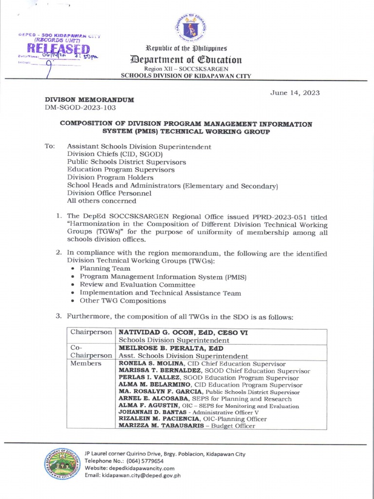 DM - SGOD - 2023 - 103 - Composition of Division Program Management Information System (PMIS ...