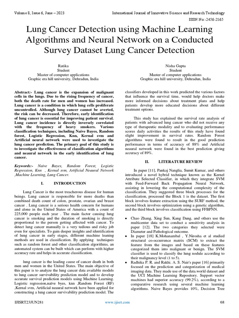 Lung Cancer Detection Using Machine Learning Algorithms And Neural Network On A Conducted Survey