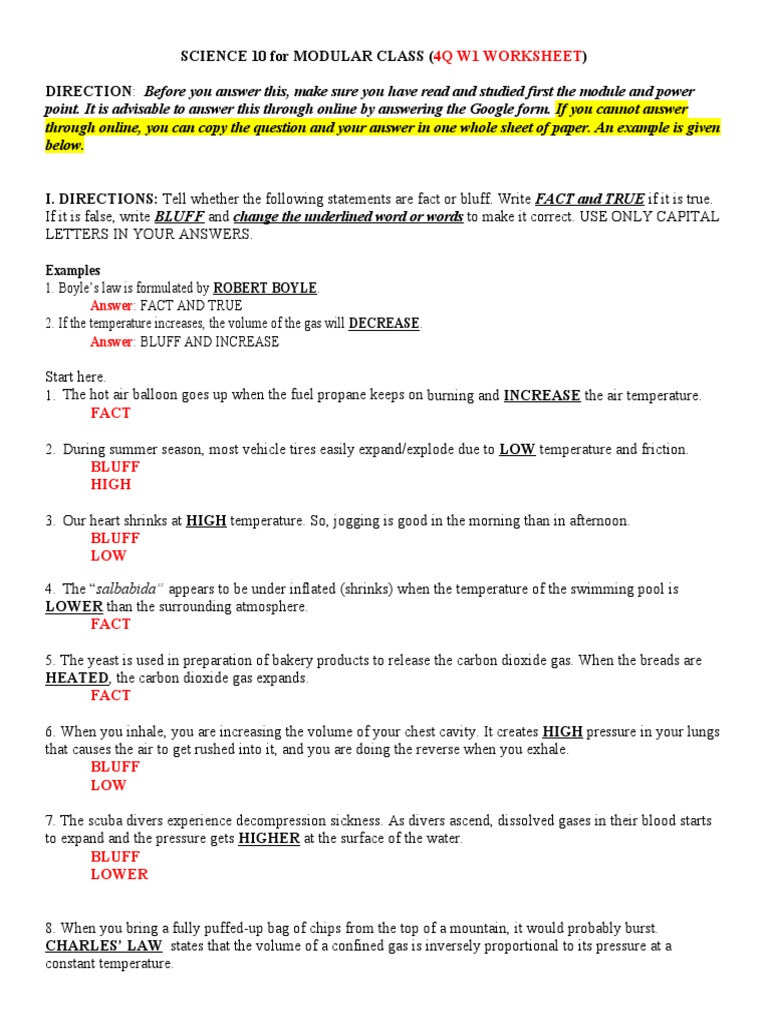 4Q W1 WORKSHEET With ANSWER KEYS | PDF | Gases | Temperature