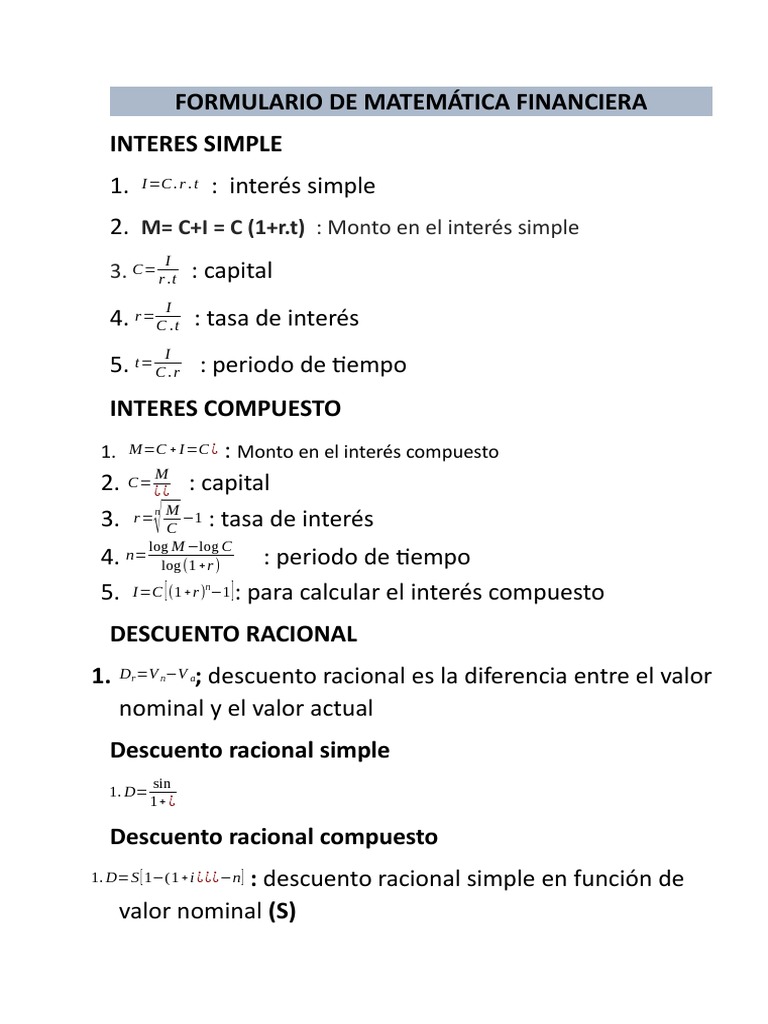 FORMULARIO DE MATEMÁTICA FINANCIERA | PDF FORMULARIO DE MATEMÁTICA FINANCIERA | PDF